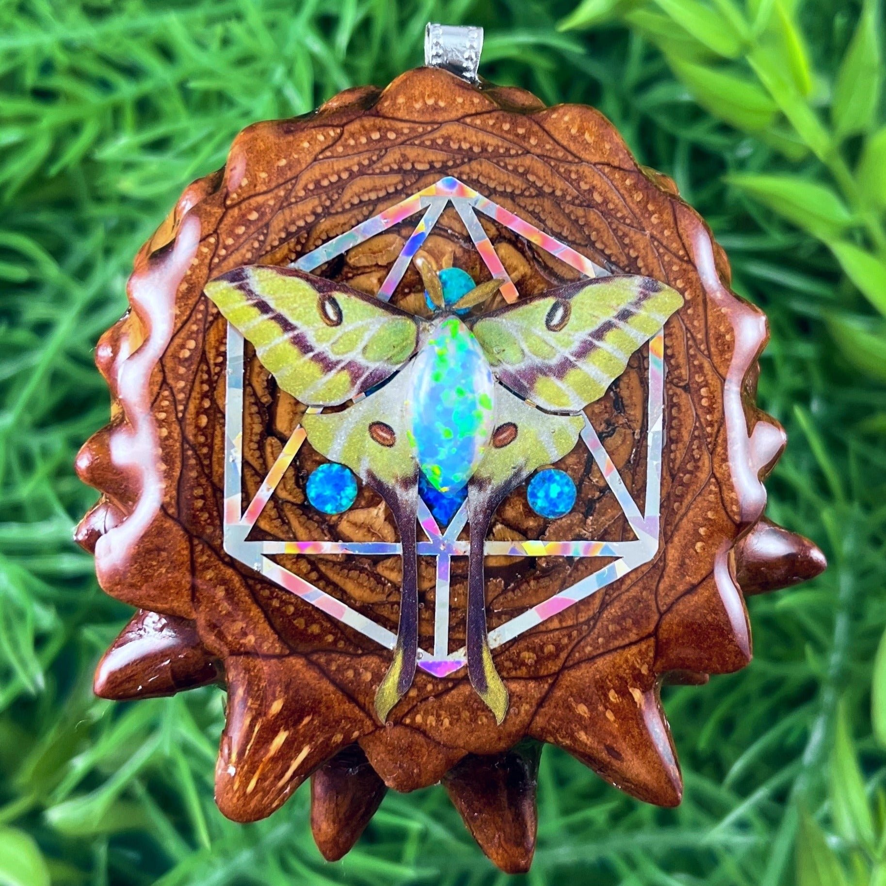 Moth with Opal and Icosahedron – Aura Pinecones